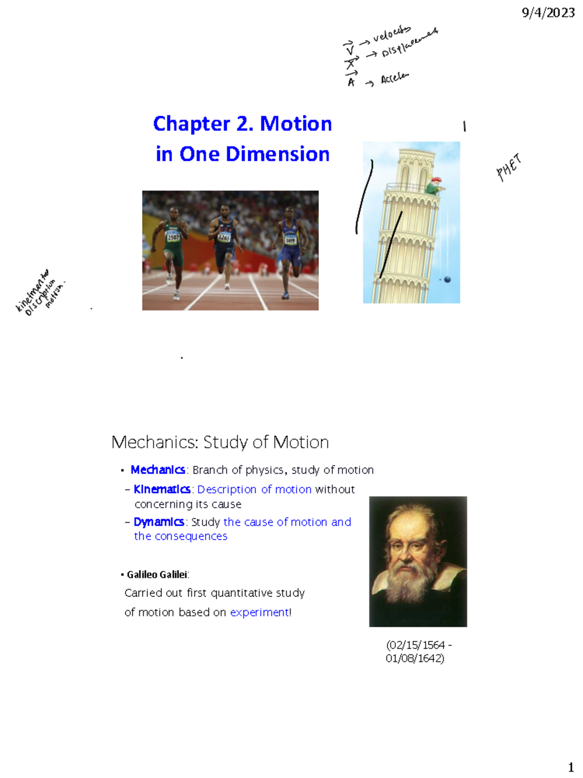 Chapter 2 lecture - Physics 101 - Chapter 2. Motion in One Dimension Mechanics: Branch of ...