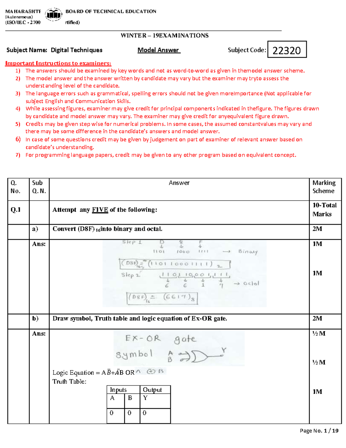 DTE 22320 Winter 2019 Model Answer Paper for Digital Techniques - Studocu