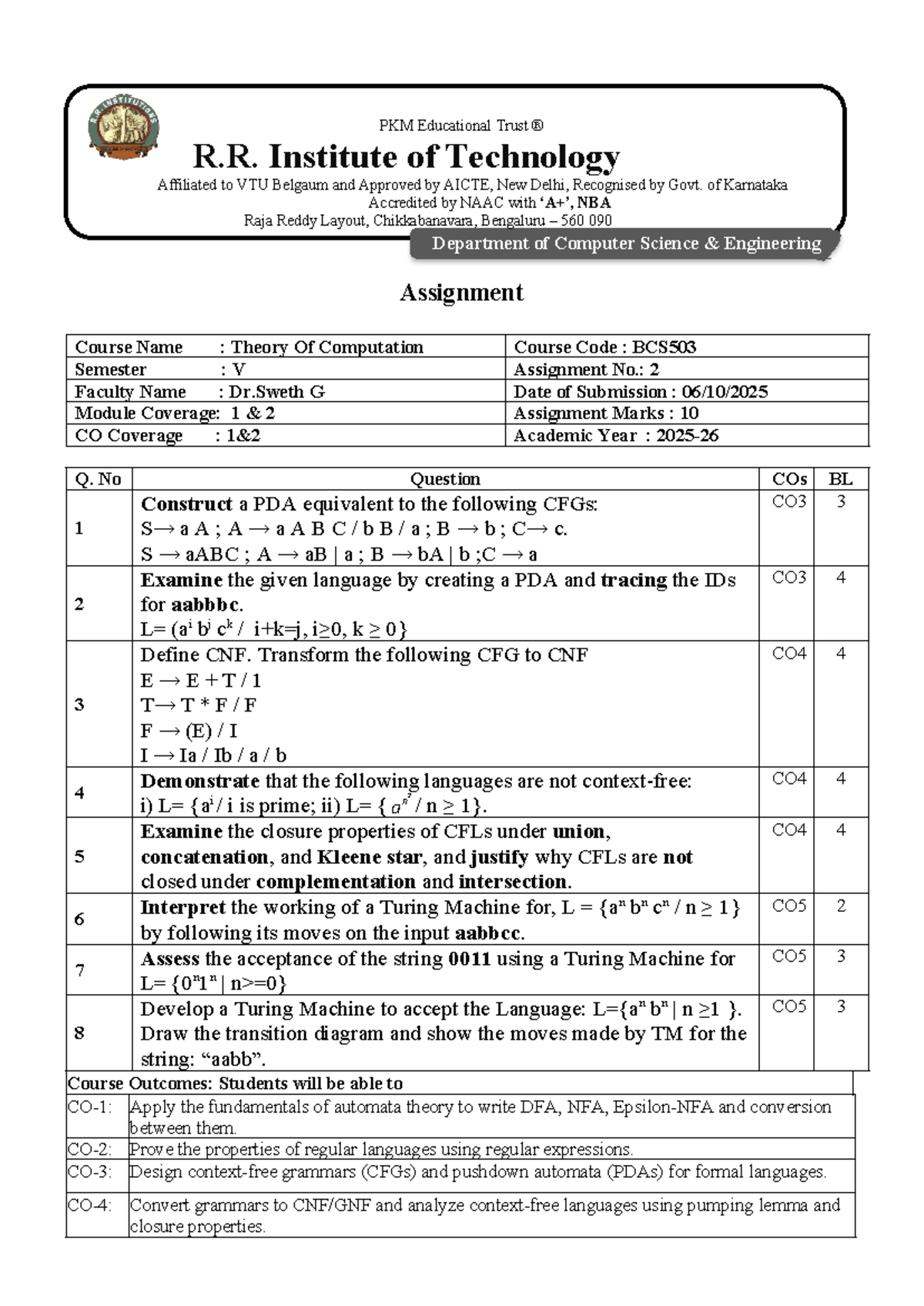 BCS503 Assignment 2: Theory of Computation PDA & Turing Machine Analysis - Studocu