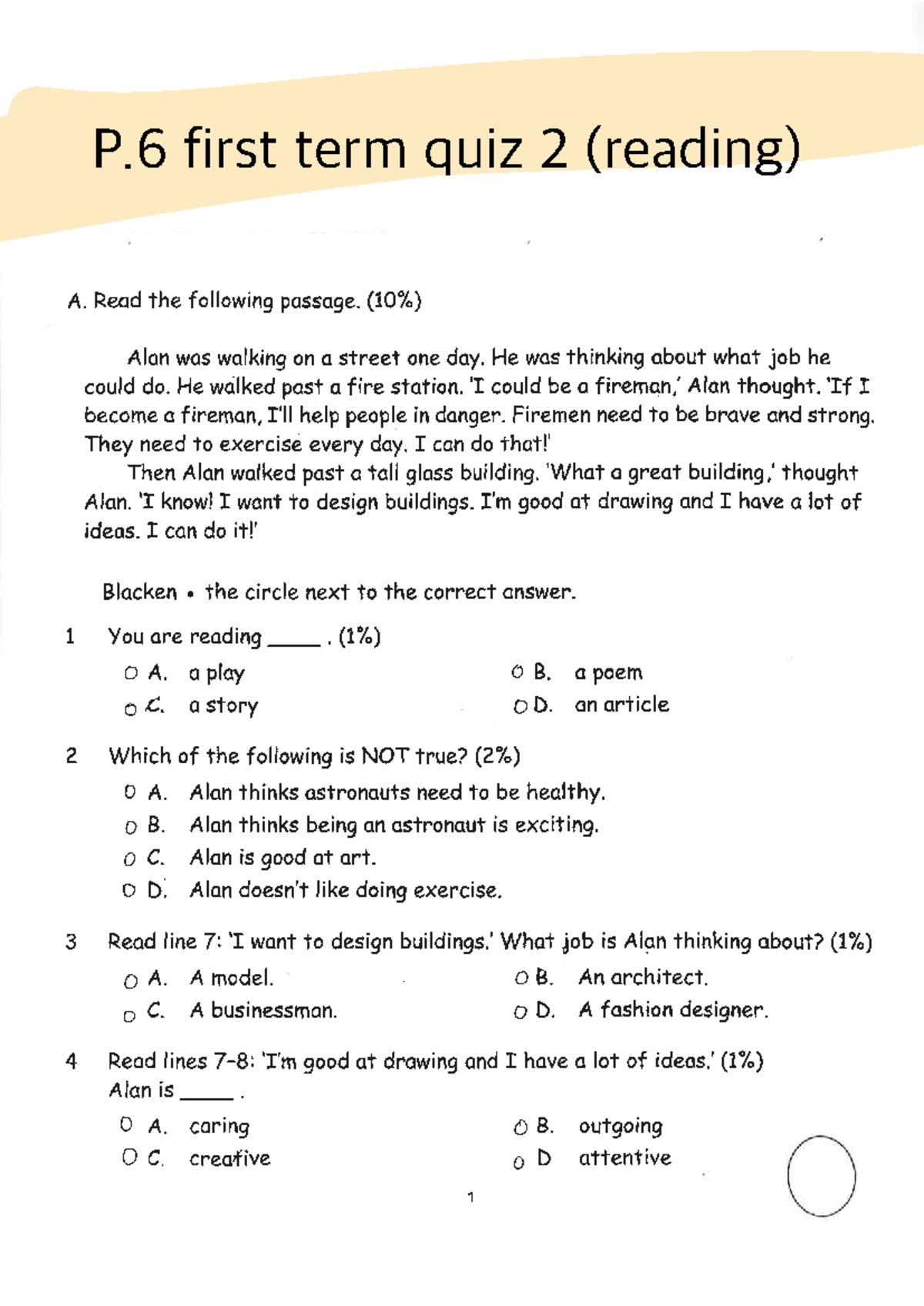 (18) P.6 First Term Quiz 2 - Reading Comprehension & Job Aspirations ...