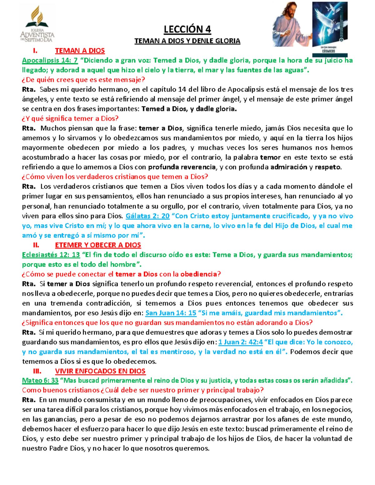 Lección 4 - LECCION DE ESCUELA SABATICA - LECCIÓN 4 TEMAN A DIOS Y DENLE GLORIA I. TEMAN A DIOS ...