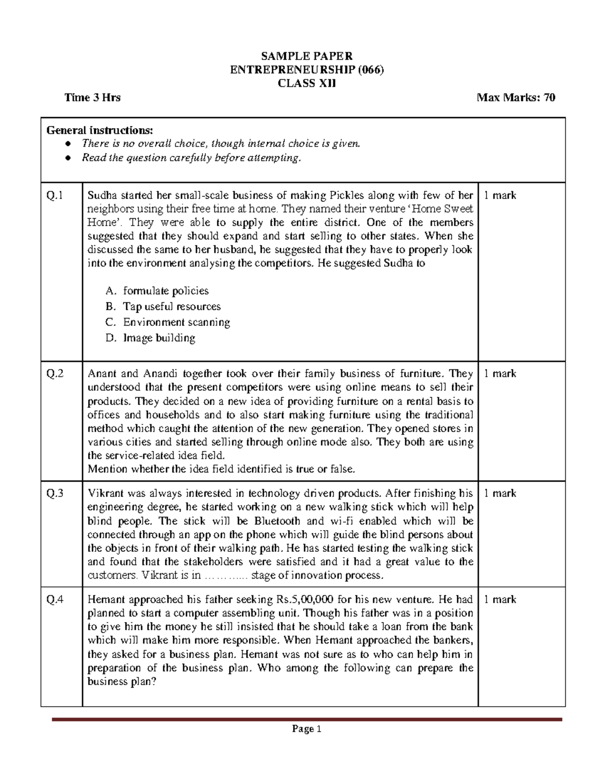 Entrepreneurship Sample Paper - Class XII (066) - SQP - Studocu
