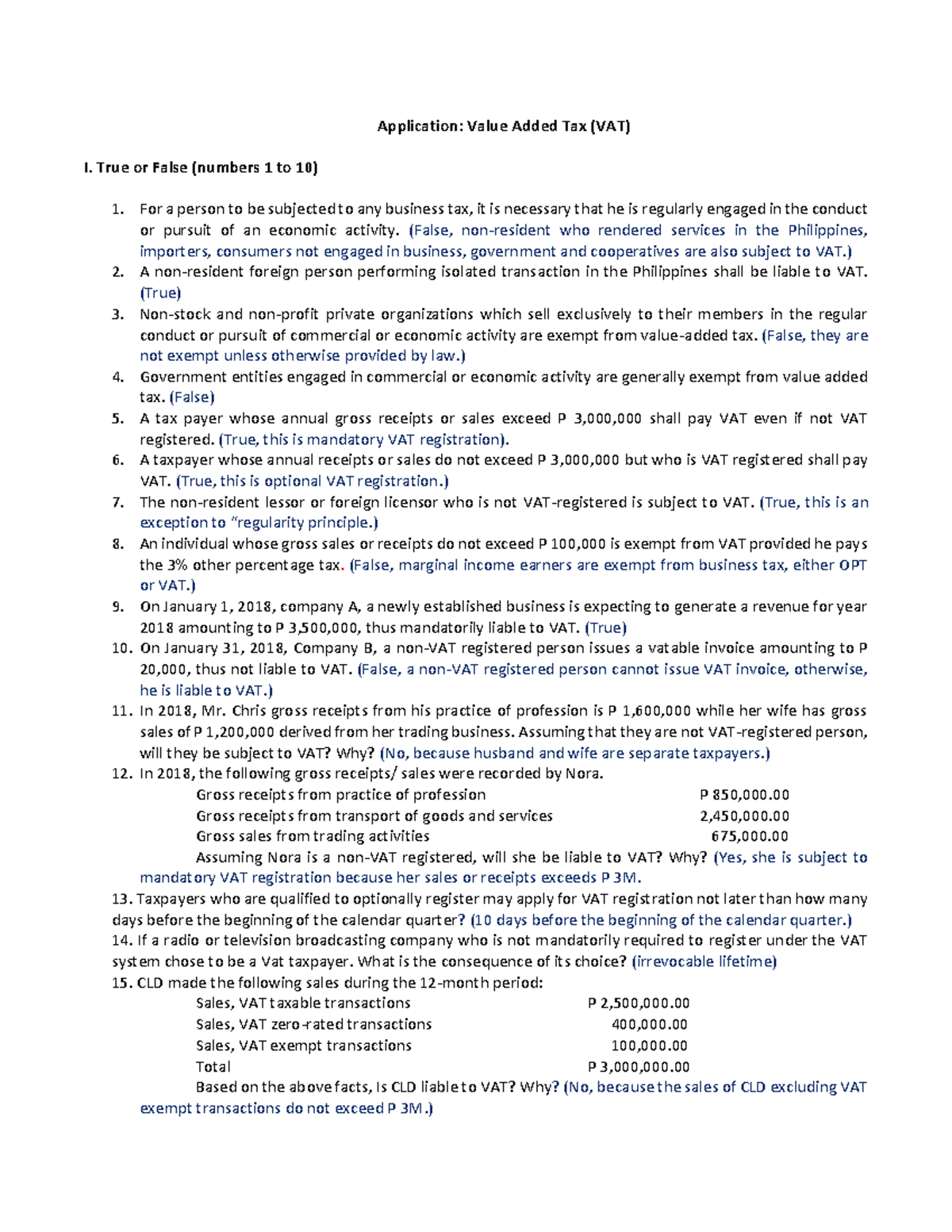 Pdfcoffee - problems on vat - Application: Value Added Tax (VAT) I. True or False (numbers 1 to ...