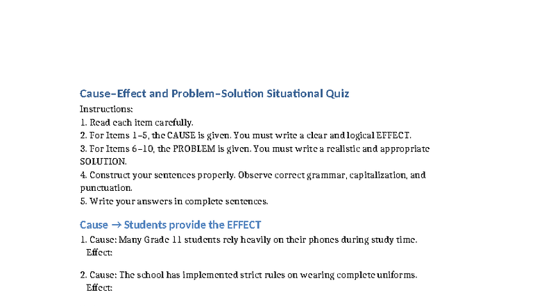 Cause-Effect & Problem-Solution Quiz Instructions for Grade 11 - Studocu