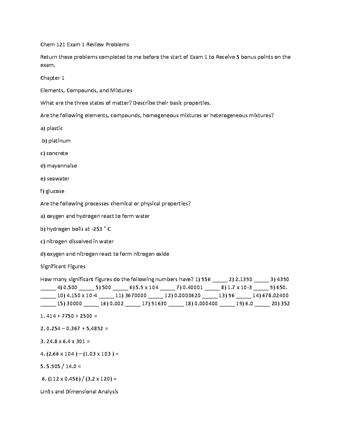 Chem 121 Exam 1 Review Problems and Bonus Points Guide - Studocu