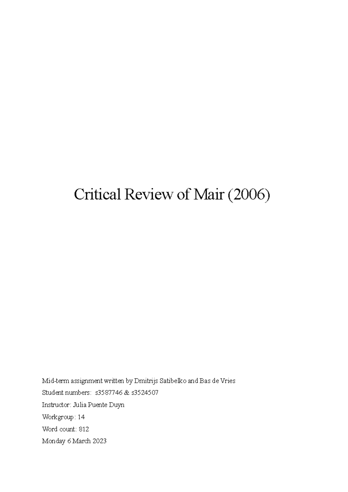 Midterm Critical Review of Mair's "Ruling the Void" (2006) - Studeersnel