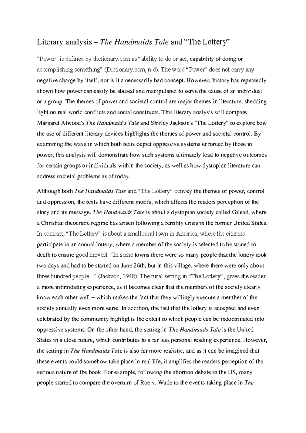 ENG 201 Literary Analysis: Power and Control in Atwood and Jackson ...