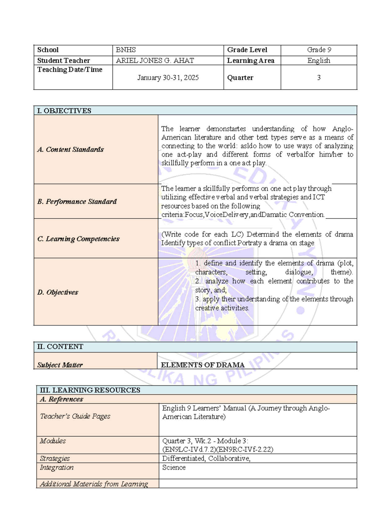 Elements of Drama: Grade 9 English Teaching Guide (BNHS) - Studocu