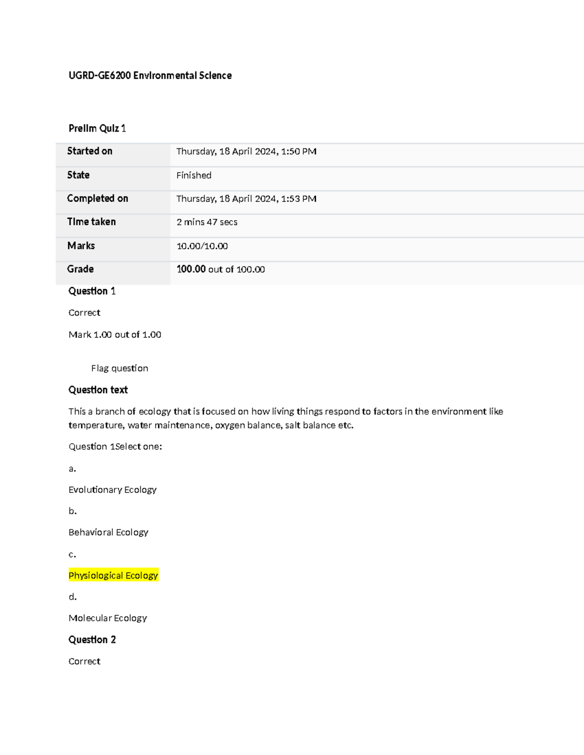 UGRD GE6200 Environmental Science Prelim Final Quiz Questions and Answers - Studocu