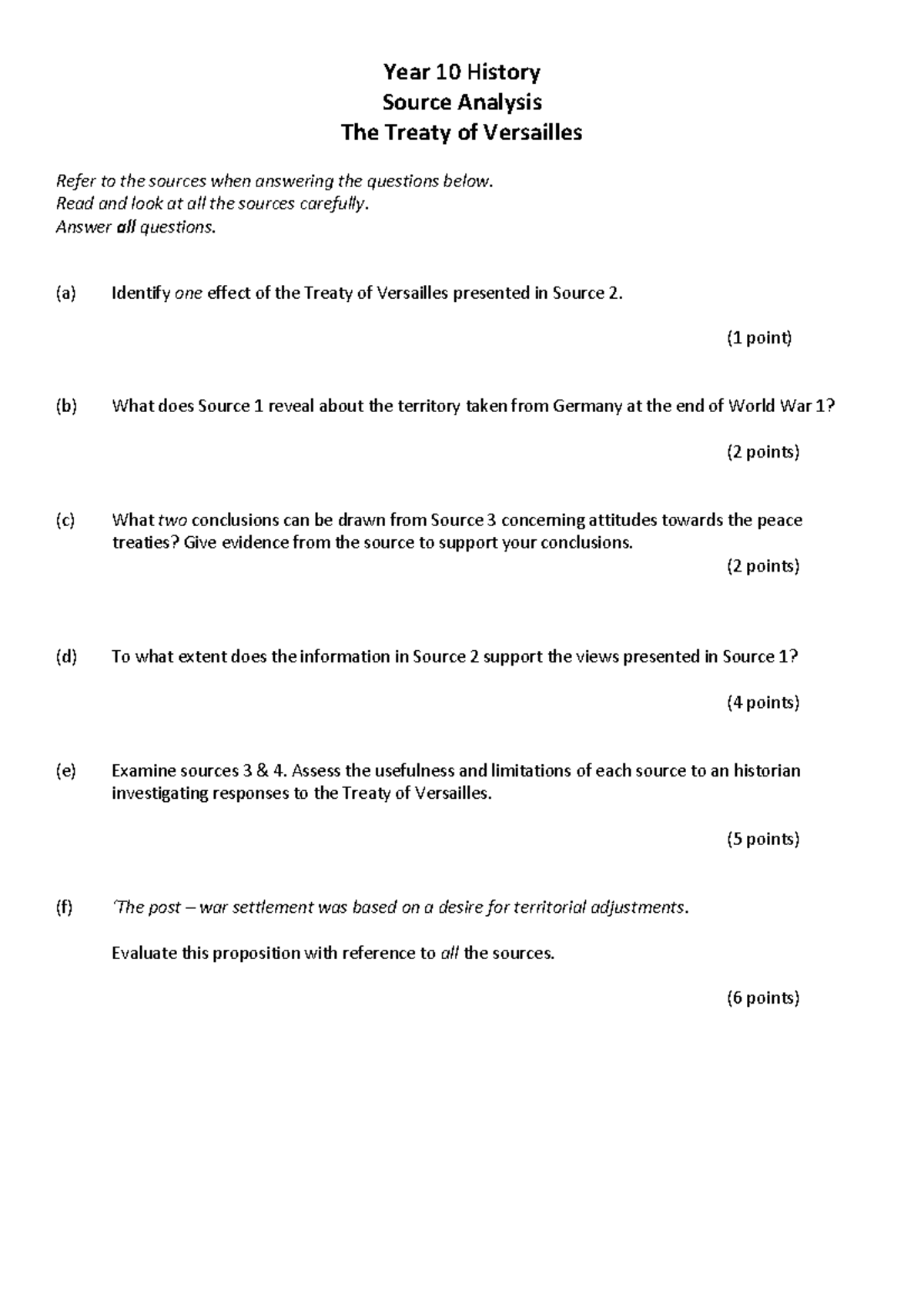 Year 10 History: Source Analysis of the Treaty of Versailles - Studocu