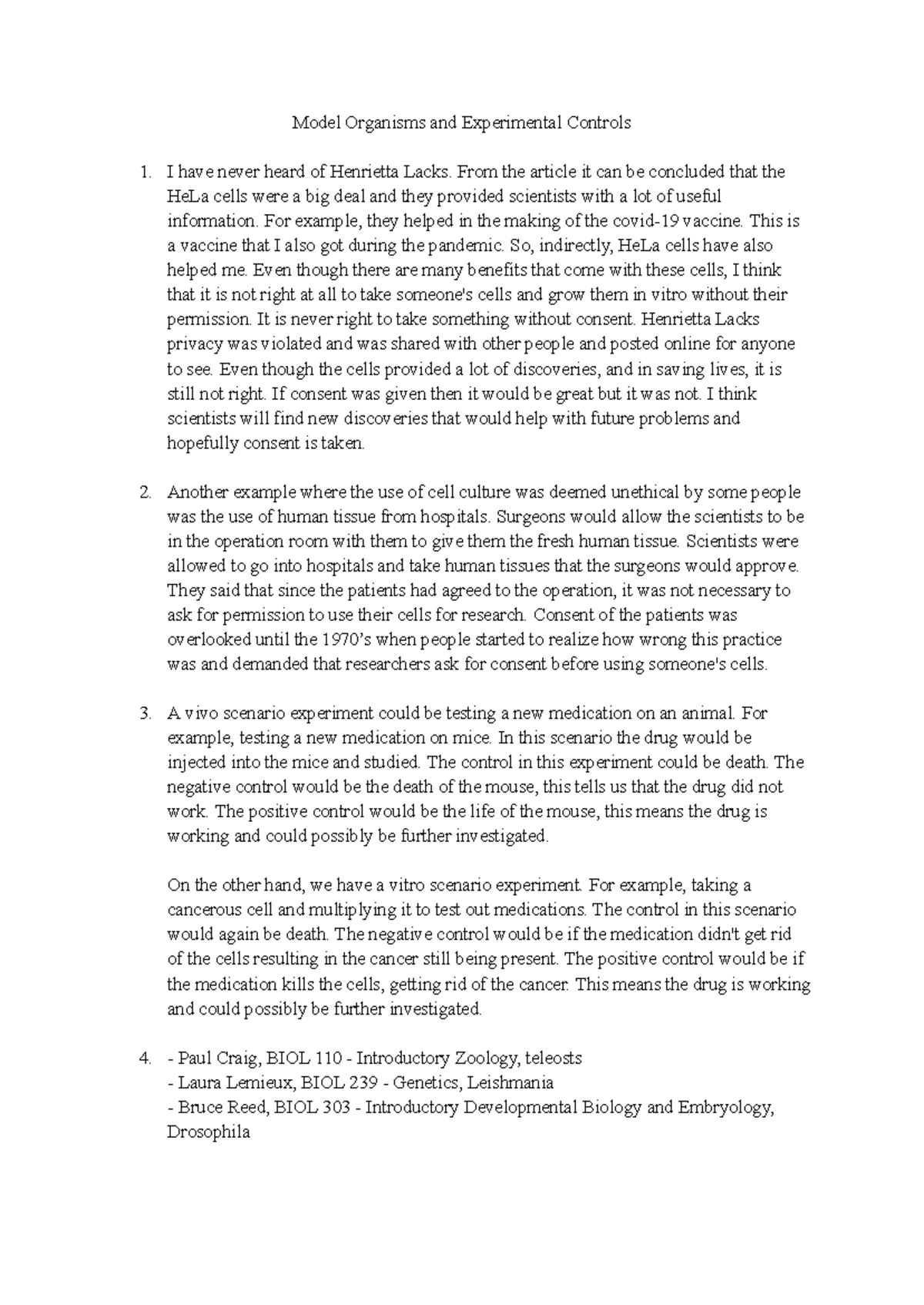 Biol 130L - Week #6 - Ethics of HeLa Cells and Experimental Controls ...