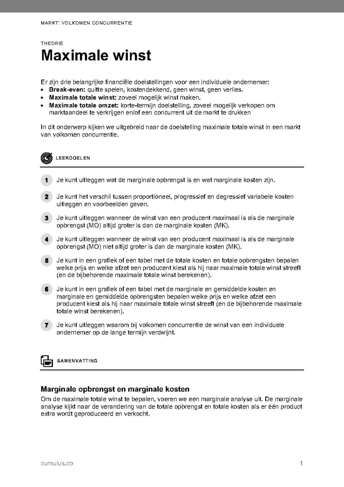 MARKT: VOLKOMEN CONCURRENTIE THEORIE - Maximale Winst Analyse - Studeersnel