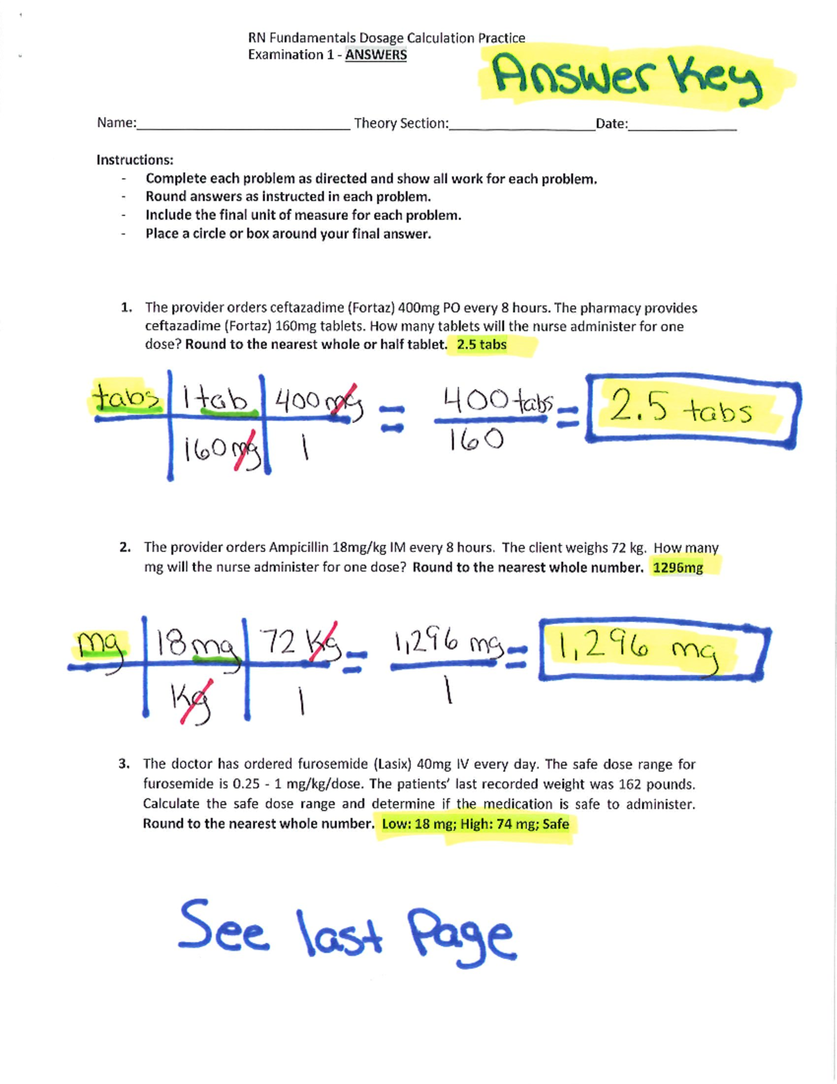 RN Fundamentals Dosage Calculation Practice Exam 1 - Answer Key - Studocu