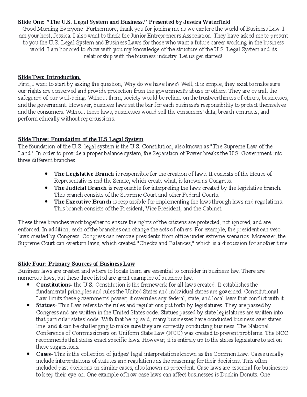 business law Power Point Speaker Notes - Slide One: "The U. Legal ...