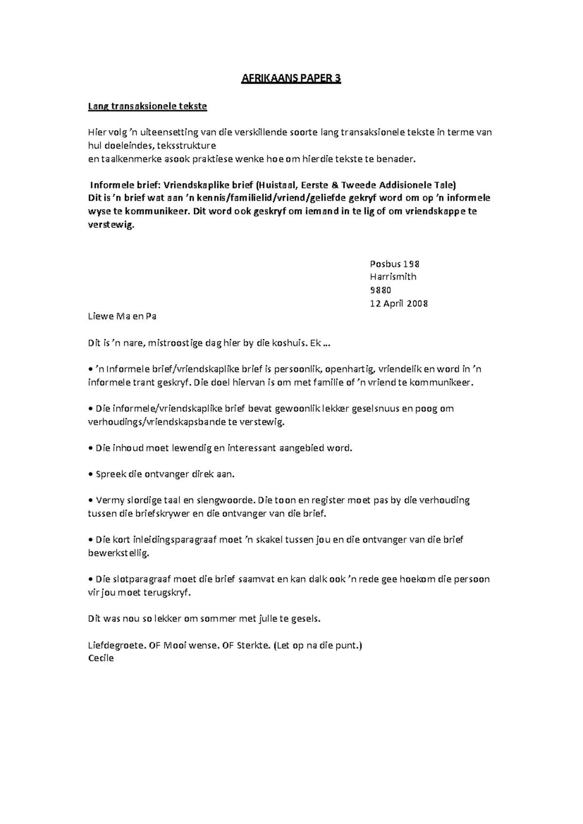 Afrikaans Paper 3: Lang Transaksionele Tekste en Wenke - Studocu