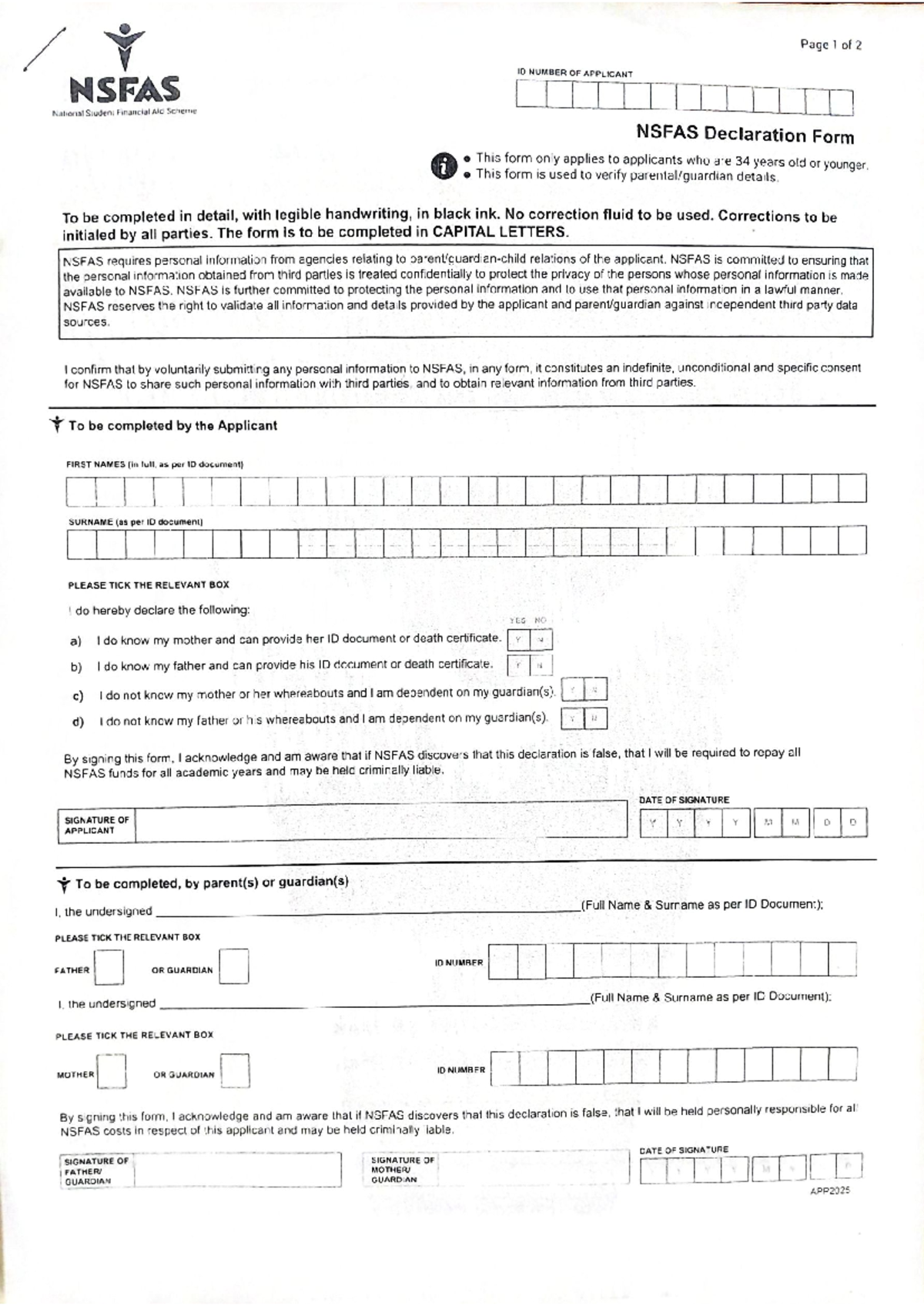 NSFAS Declaration Form for Applicants - APP2025 - Studocu