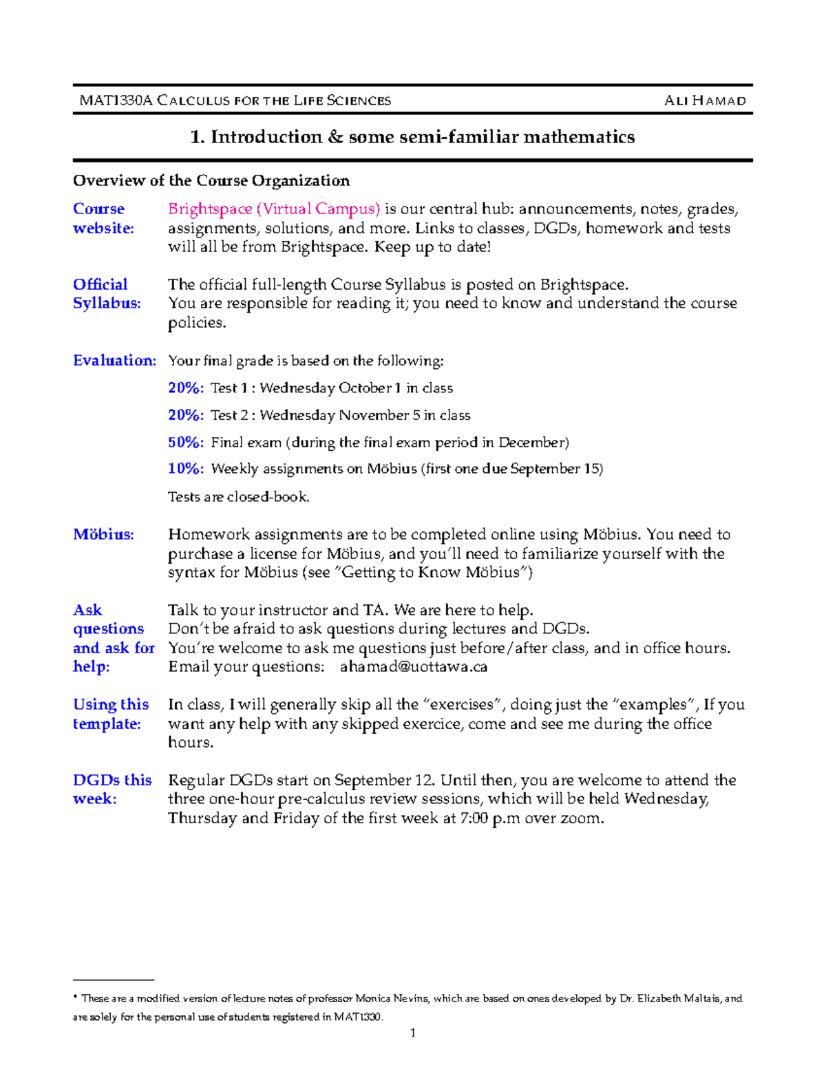 MAT1330A - Calculus for Life Sciences: Lecture 1 Overview - Studocu