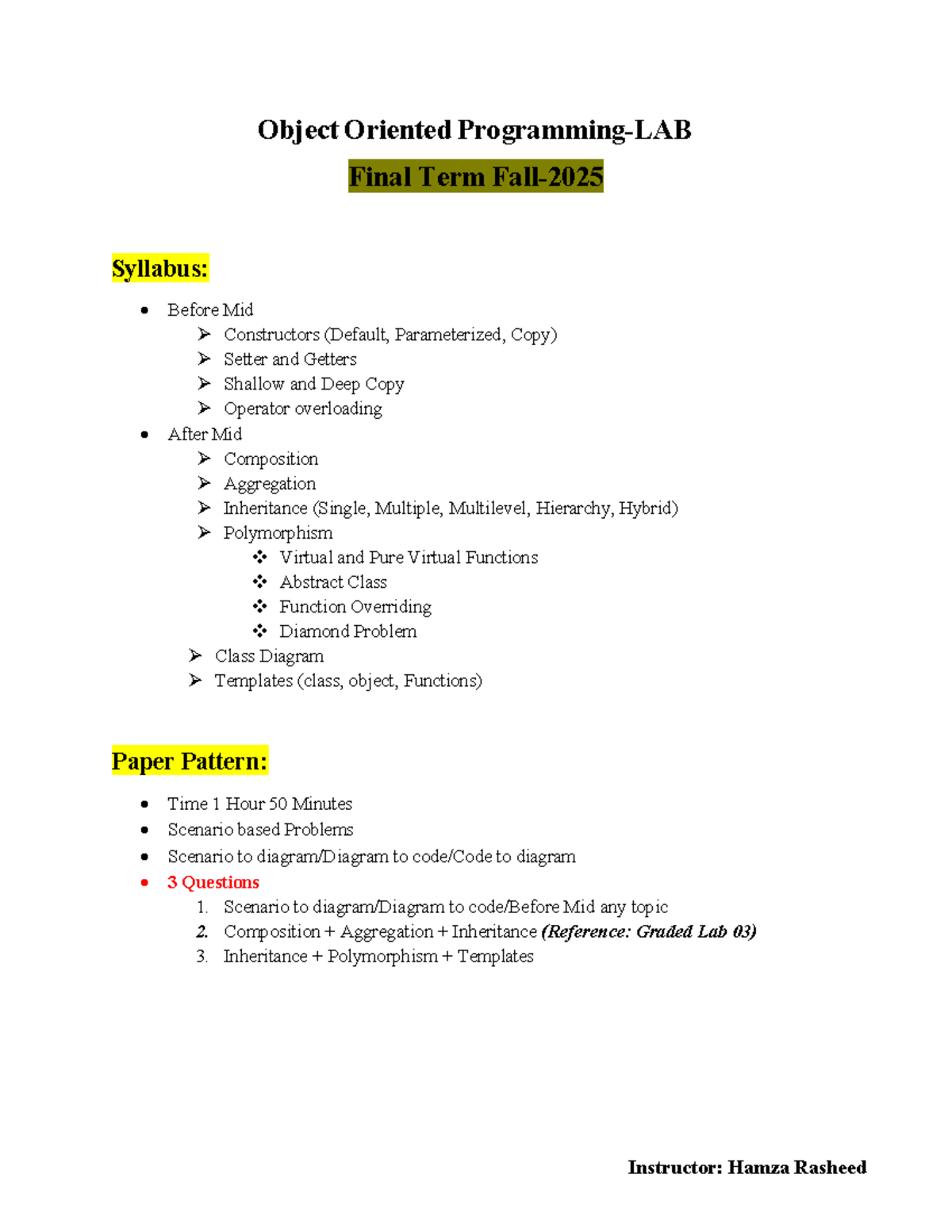 OOP LAB Final Term Paper Pattern - Instructor: Hamza Rasheed Object ...