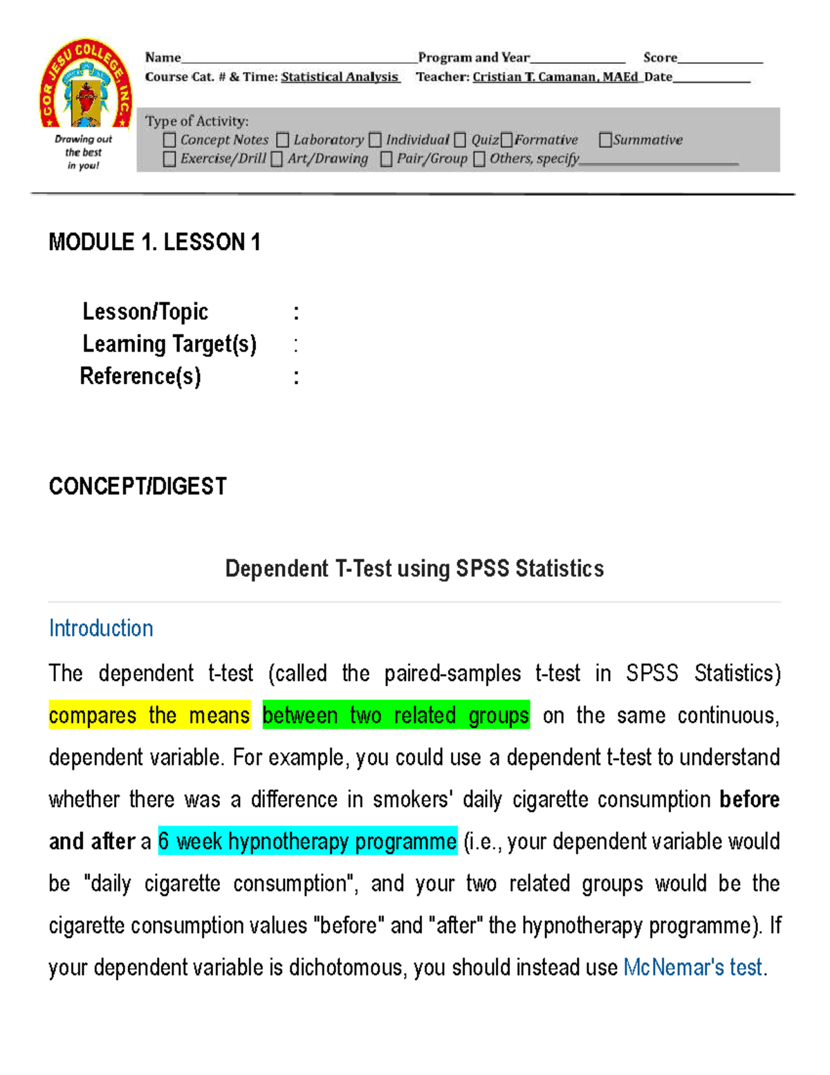 MODULE 1: LESSON 1 - Paired Sample T-Test Using SPSS Statistics - Studocu