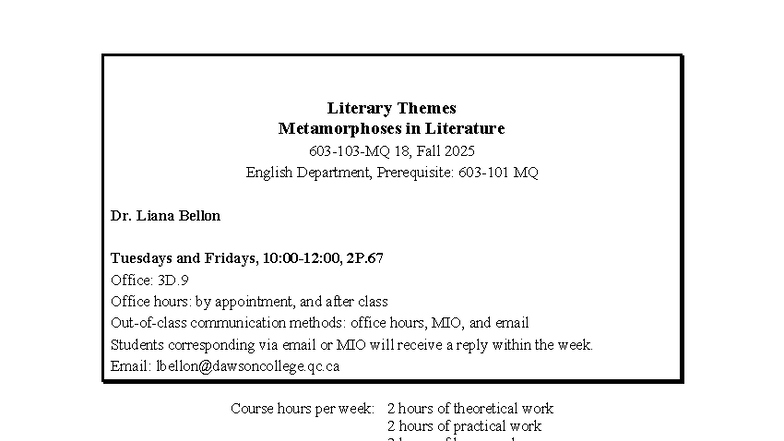 603-103 Literary Themes: Metamorphoses in Literature Course Outline ...