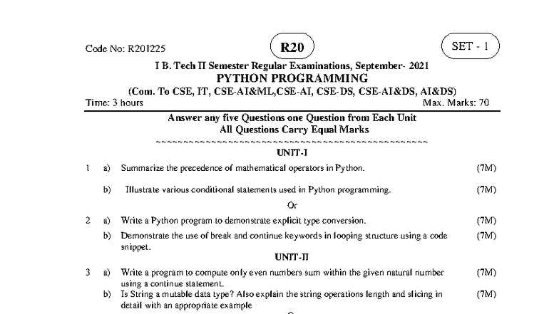 Python Programming R20 II Sem Regular Exam Set 1 - Sept 2021 - Studocu