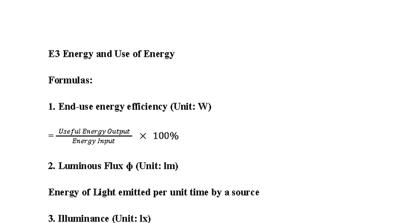 E3 Energy Efficiency Summary and Formulas for Light and Cooling - Studocu