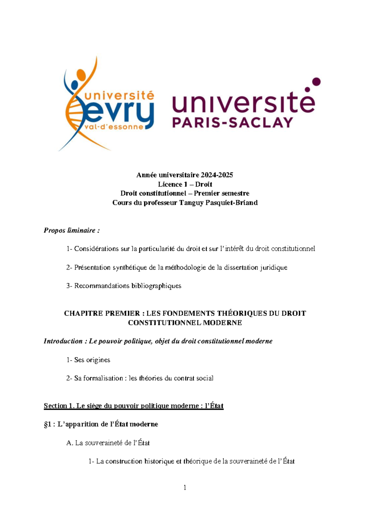 Plan de Cours - Droit Constitutionnel L1 - Semestre 1 - 2024-2025 - Studocu