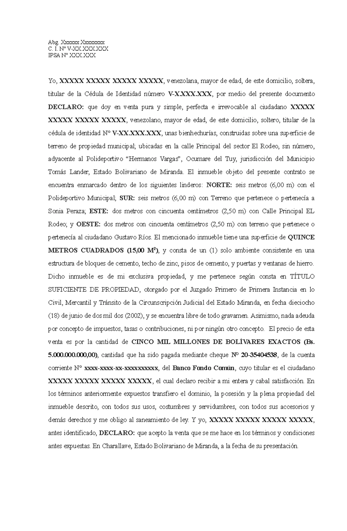 MODELO DE CONTRATO DE COMPRA VENTA DE INMUEBLES EN VENEZUELA - Studocu