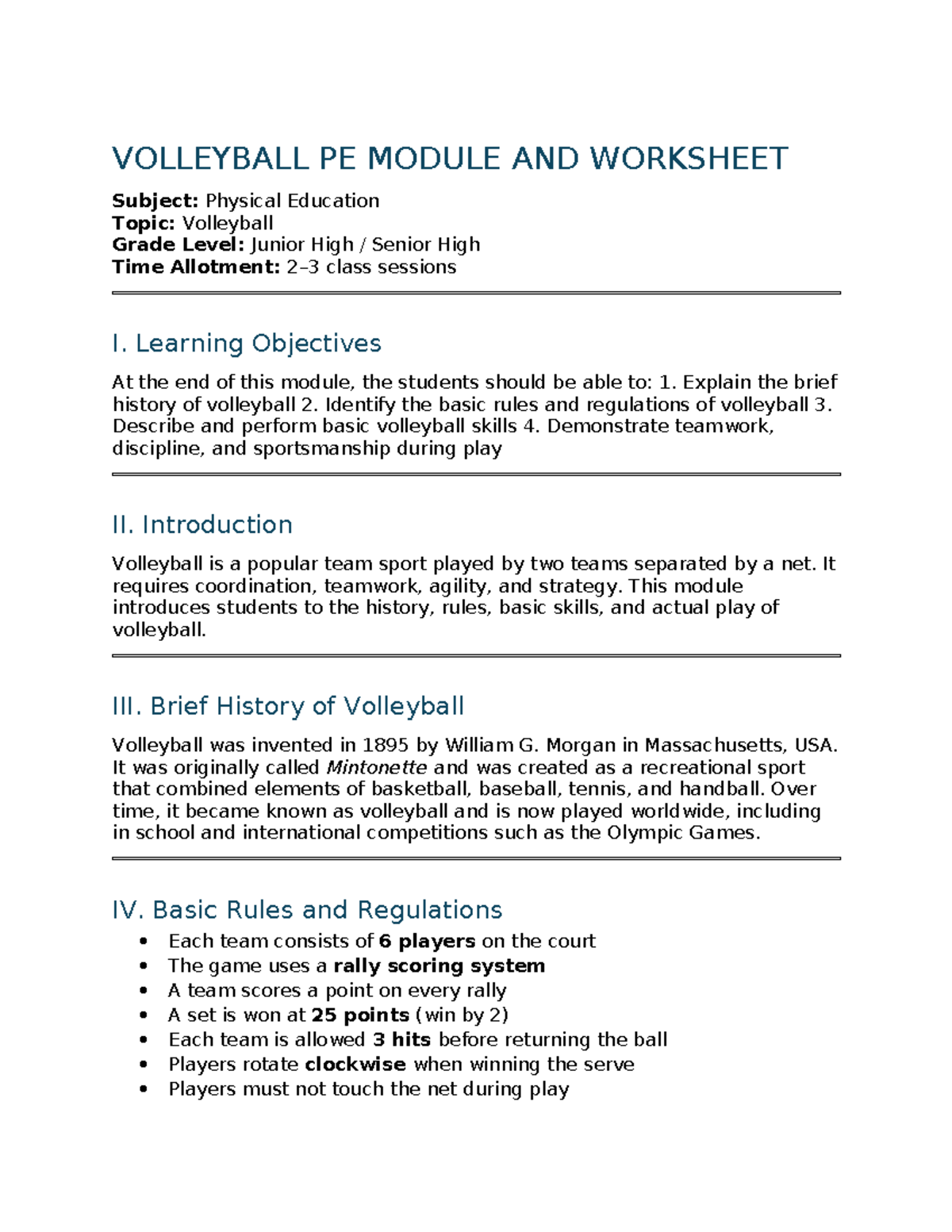 PE Module & Worksheet: Volleyball Skills & Rules for JHS/SHS - Studocu