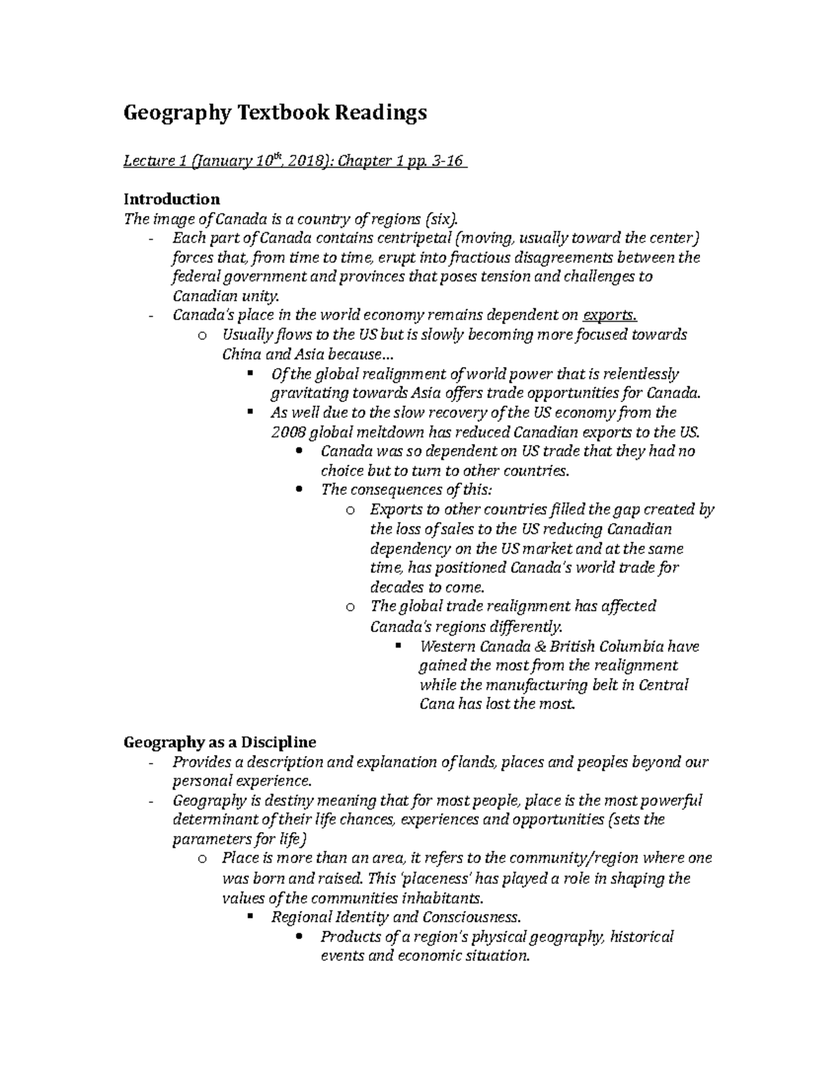 GEO Textbook Readings - Lecture notes 1 - Geography Textbook Readings ...
