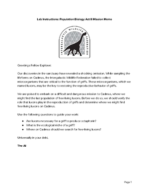 Genetics ACT I - Lab Instructions - Lab Instructions: Genetics and Evolution Act I Mission Memo ...