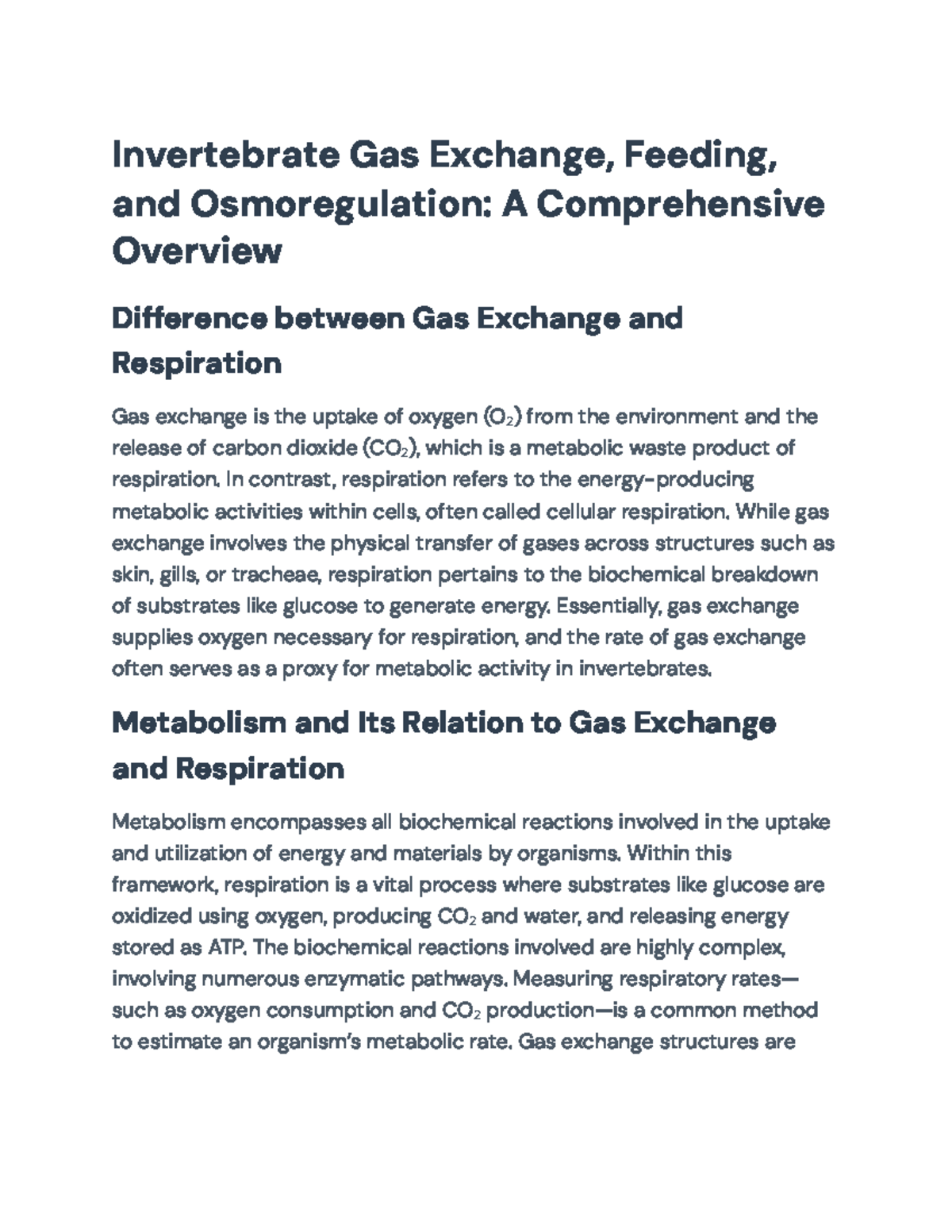 Invertebrate Gas Exchange, Feeding, and Osmoregulation: A Detailed ...