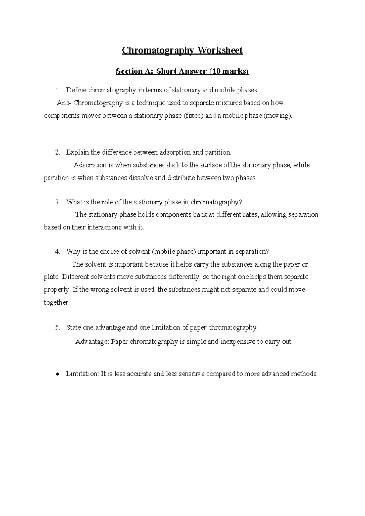 Chromatography Worksheet: Short Answer & Calculations (10 marks) - Studocu