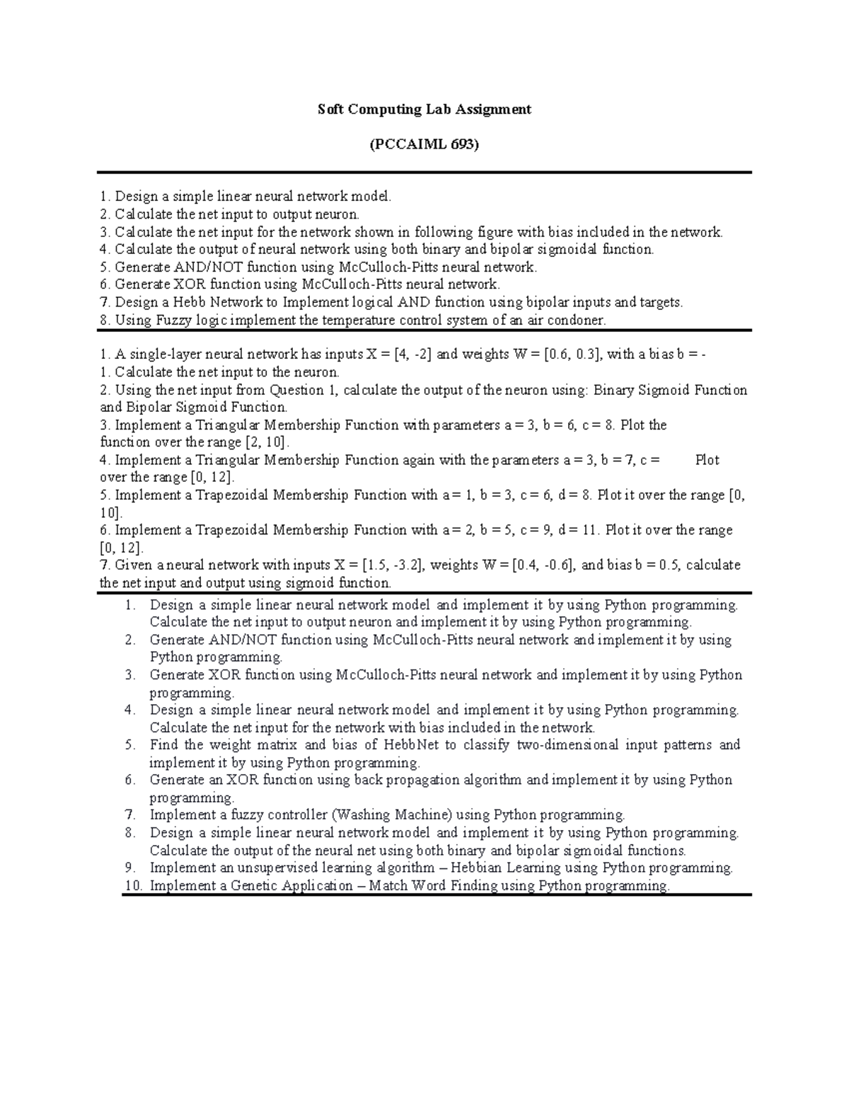 Soft Computing Lab Assignment (PCCAIML 693): Neural Networks & Fuzzy ...