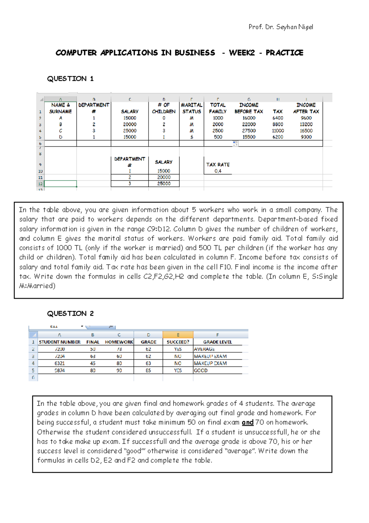 Week 2 Practice Problems - Prof. Dr. Seyhan Nişel COMPUTER APPLICATIONS ...