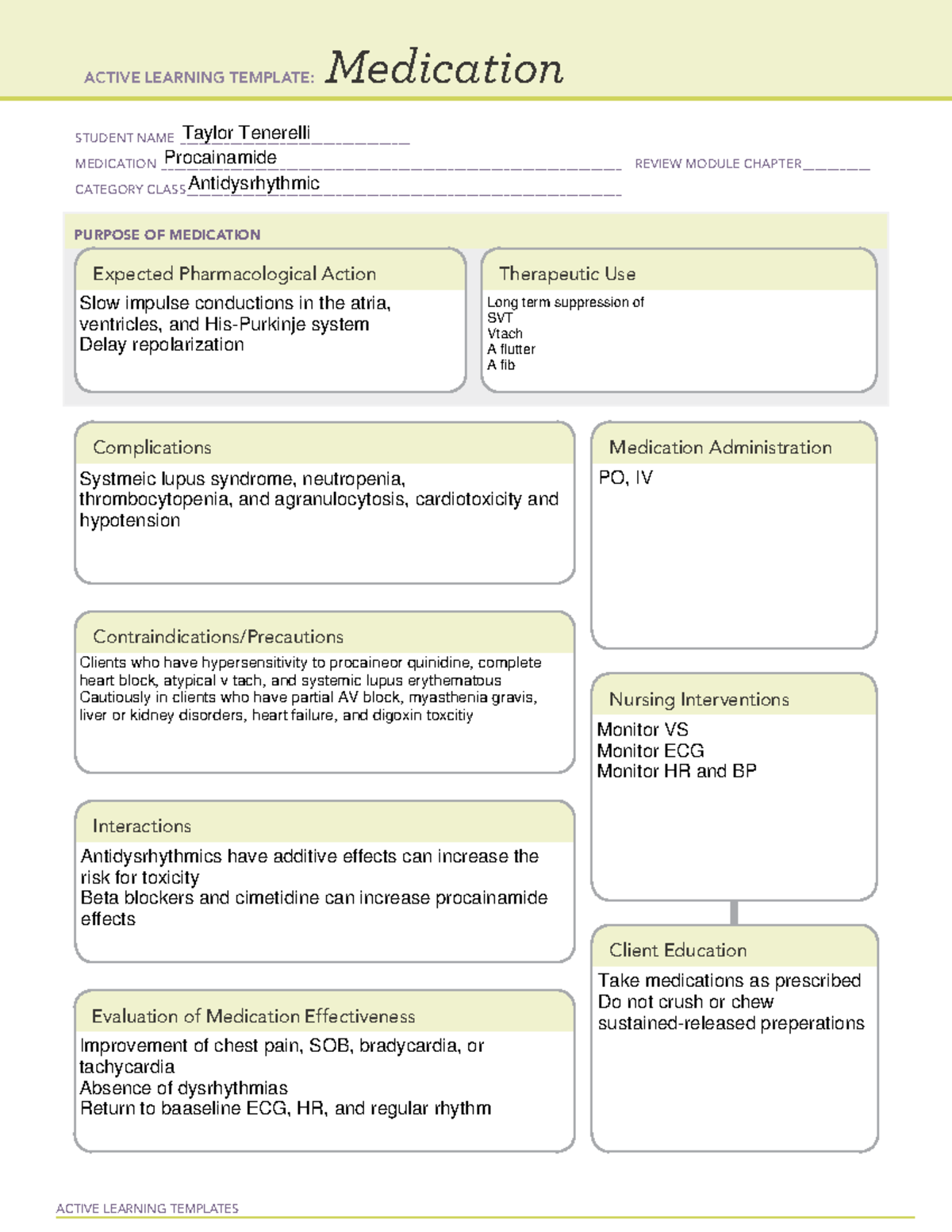 Procainamide - Med sheet - ACTIVE LEARNING TEMPLATES Medication STUDENT ...