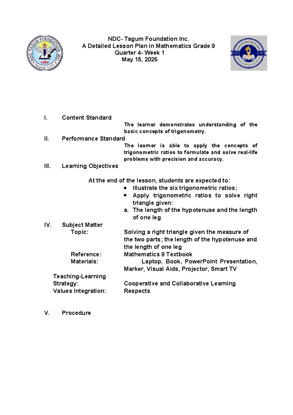 Detailed Lesson Plan in Math 9: Trigonometry Concepts & Applications ...