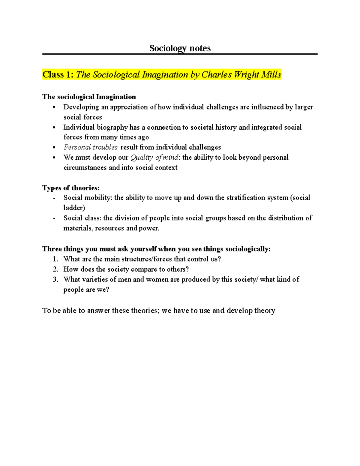 Sociology 2118 Quiz 1 Notes: The Sociological Imagination & Key ...