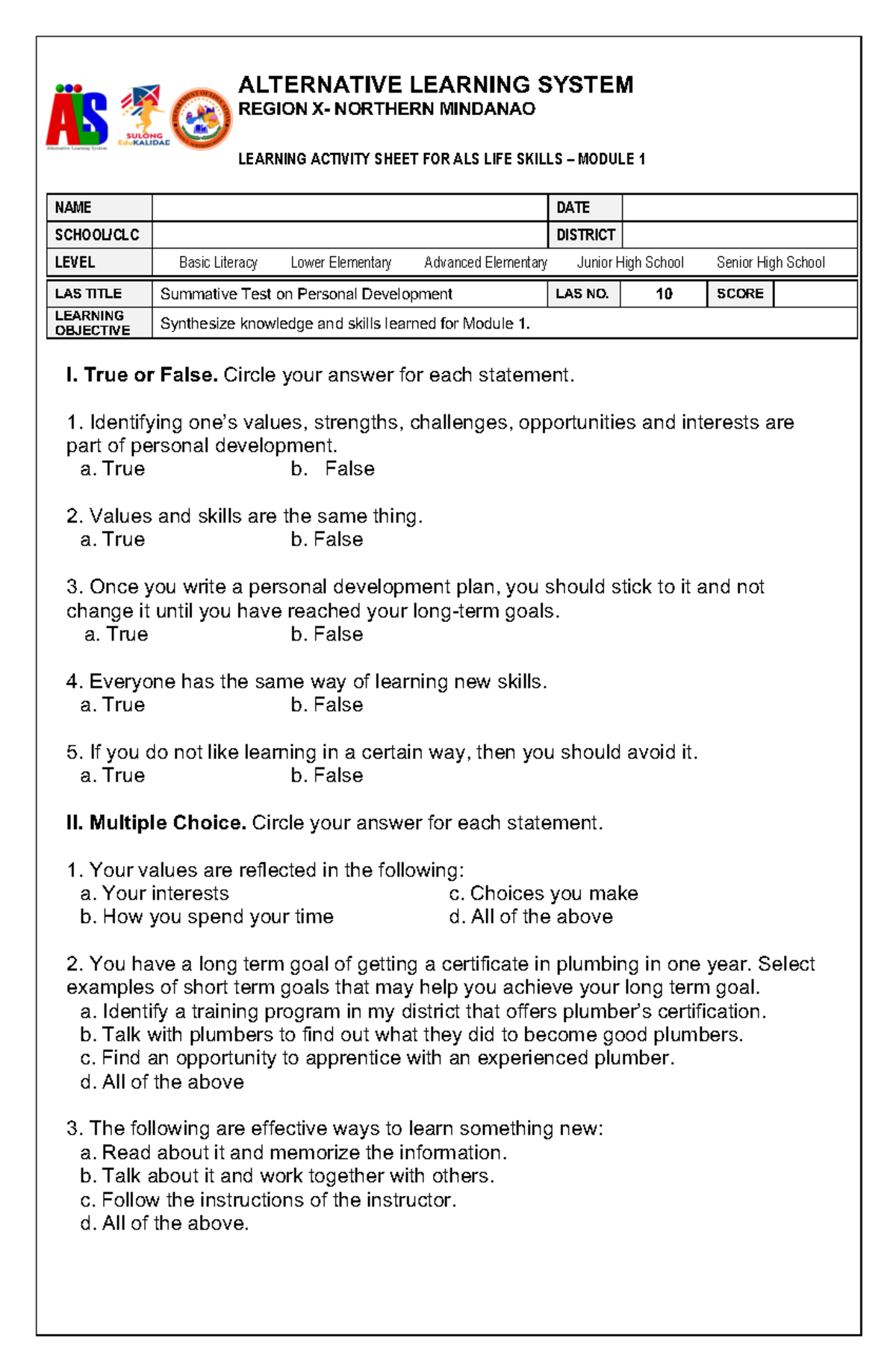 DLP Life Skills Mod1 LAS10 Summative Test on Personal Development ...
