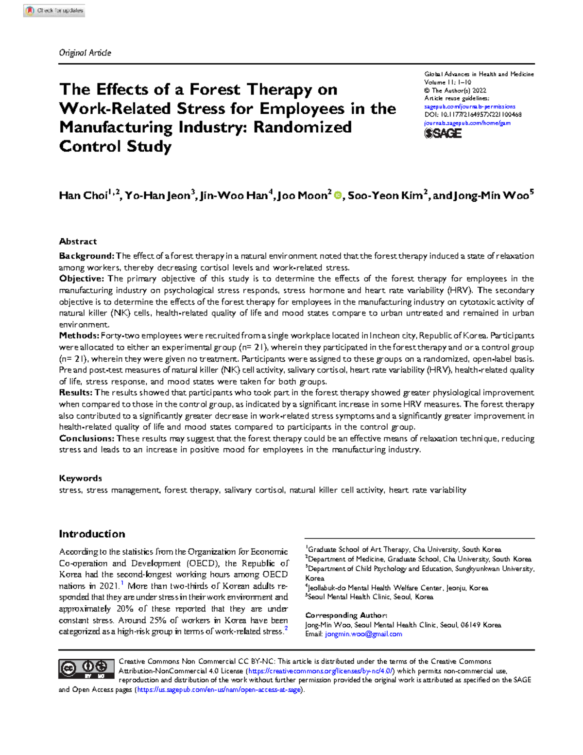 Research Article: Effects of Forest Therapy on Employee Stress in ...