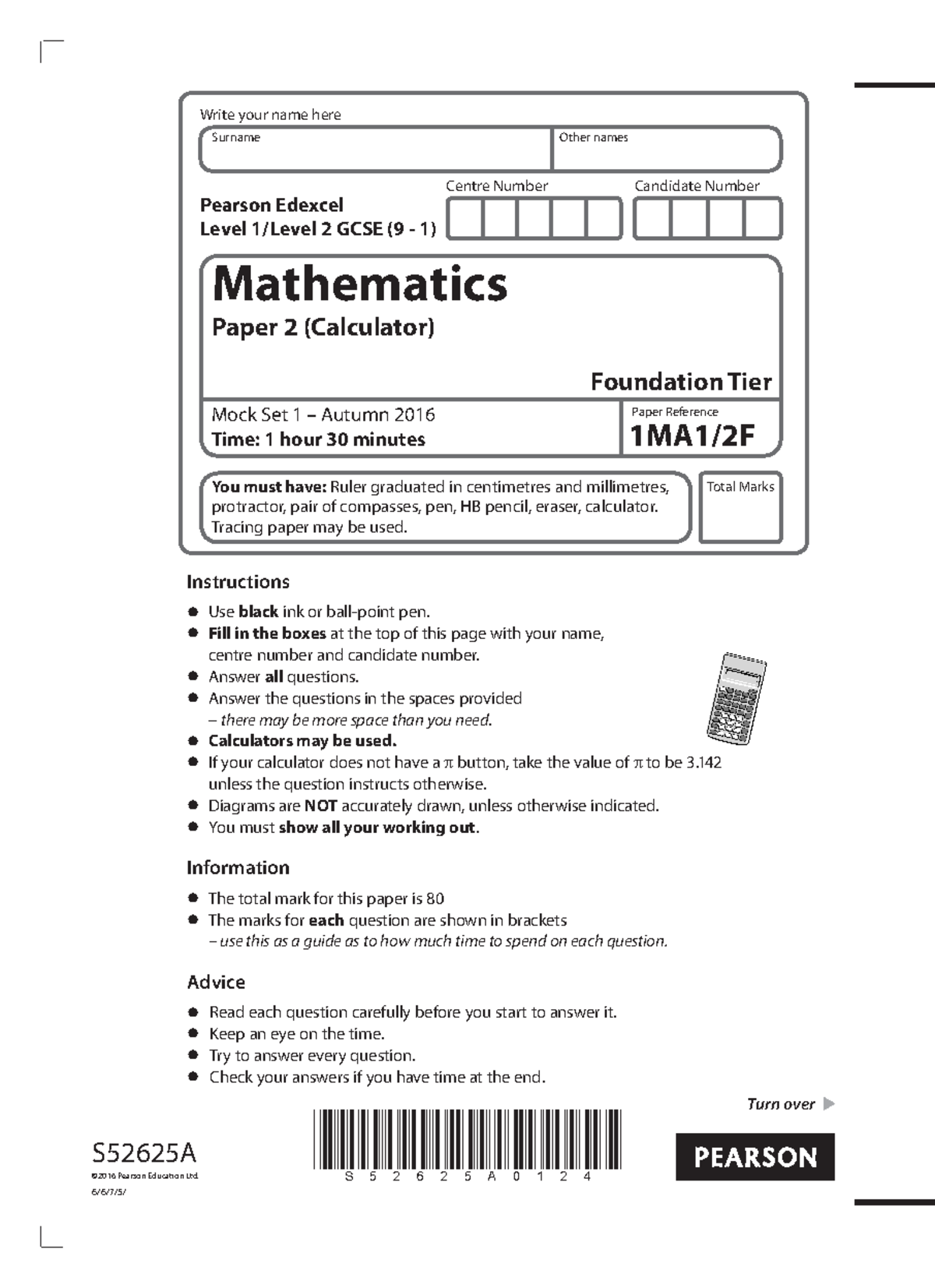 17737 03a Mock Paper Set 1 - GCSE Maths Paper 2F (Foundation Tier ...