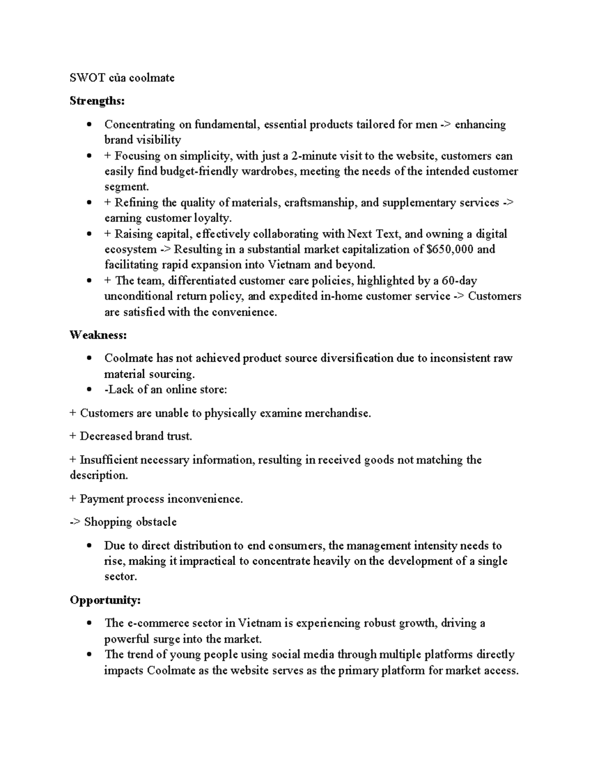 SWOT Analysis of Coolmate: Insights and Strategic Outlook - Studocu