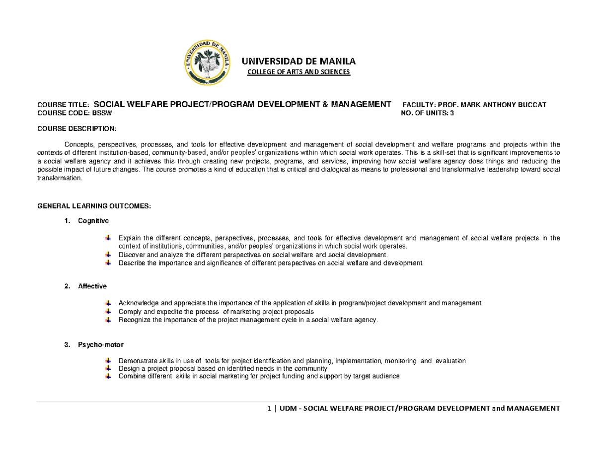 Syllabus for BSSW 3: Social Welfare Development Management - Studocu