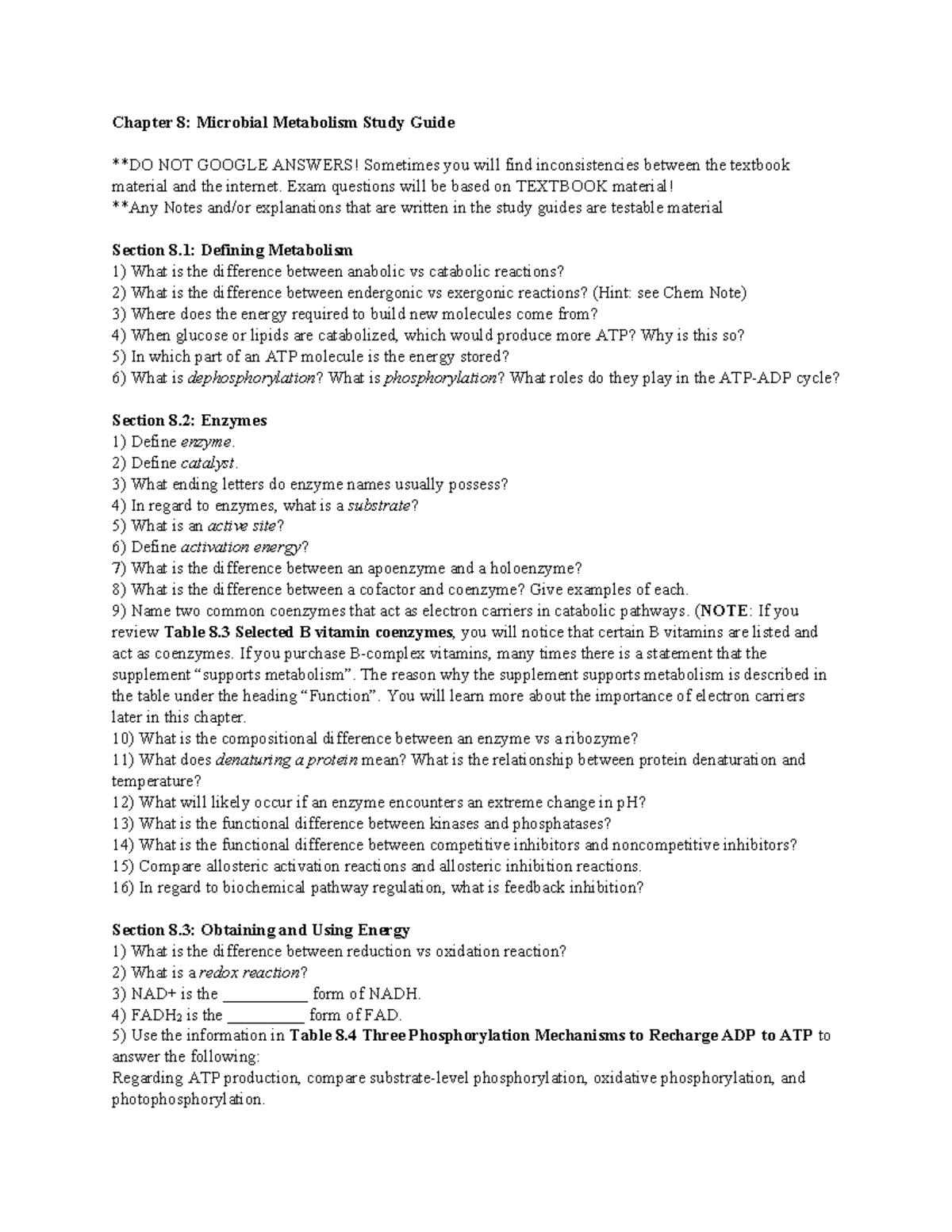Chapter 8 Study Guide: Microbial Metabolism (Bio 101) - Spring 2023 ...