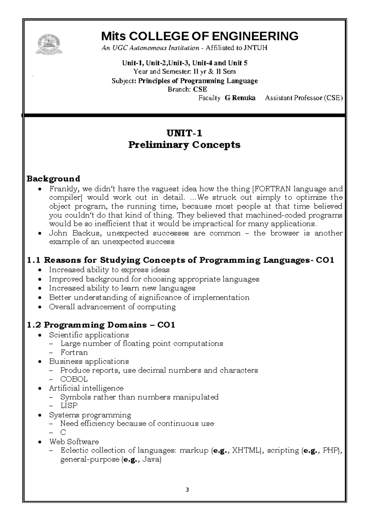 Unit 1: Principles of Programming Languages (PPL) - Concepts and Evaluation - Studocu
