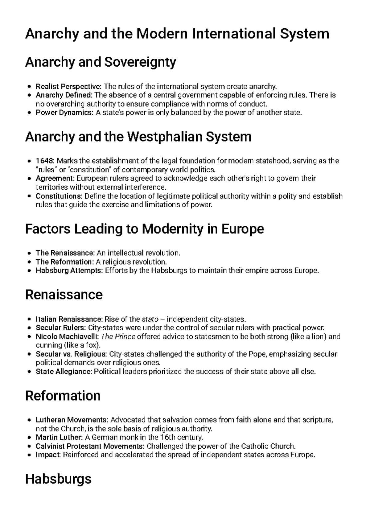 Anarchy and the Modern International System: Study Guide - Studocu