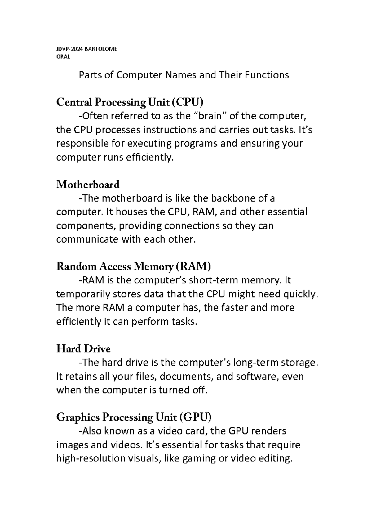 Computer Parts Components and Their Functions - JDVP-2024 BARTOLOME ORAL Parts of Computer Names ...