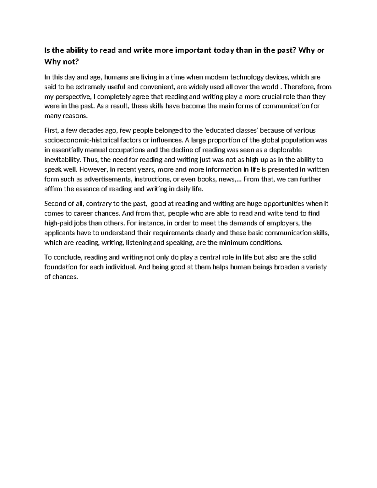 ENG101: Essay on the Importance of Reading and Writing Today - Studocu