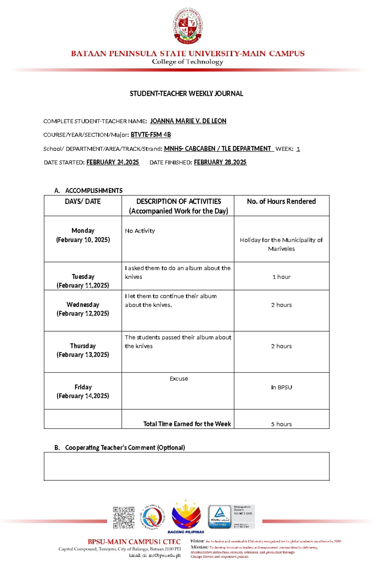PT.-Sample-Weekly-Journal-2025 4th week - STUDENT-TEACHER WEEKLY ...