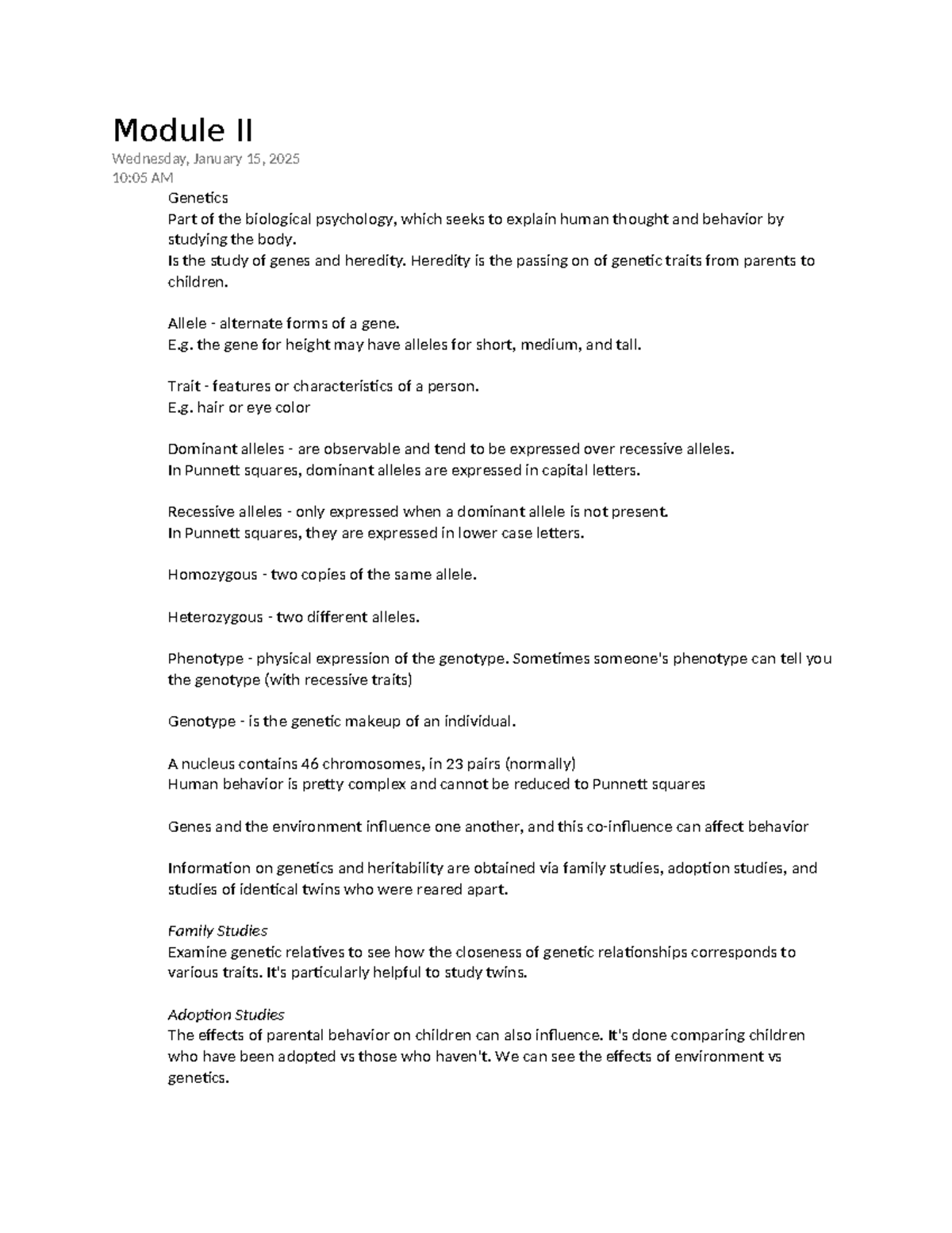 PSYC101 Genetics and Nervous System Overview - Module II Notes - Studocu